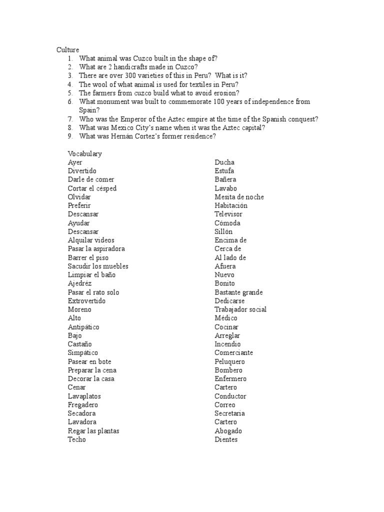 Spanish 2 Midterm Study Guide | PDF | Semantic Units | Syntax
