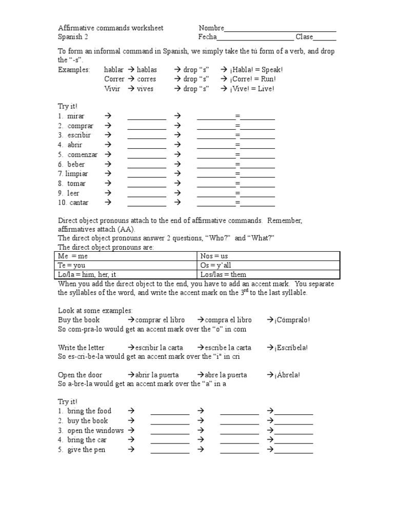 Spanish 2 Affirmative Commands Worksheet | PDF | Language Mechanics ...