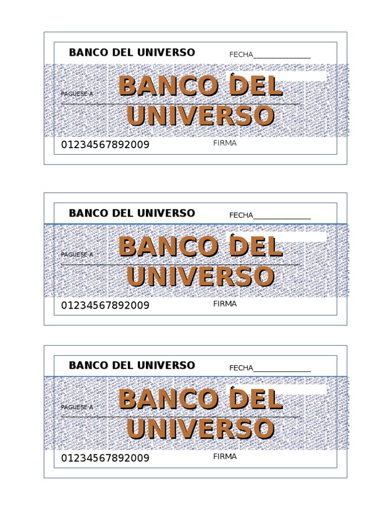 Cheque Banco Del Universo Custom Español | PDF | Finanzas y ...