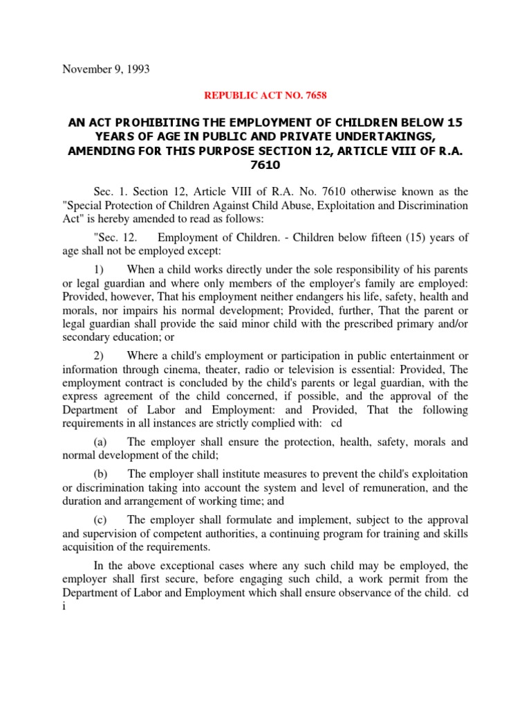 Ra 7658 | PDF | Legal Guardian | Employment