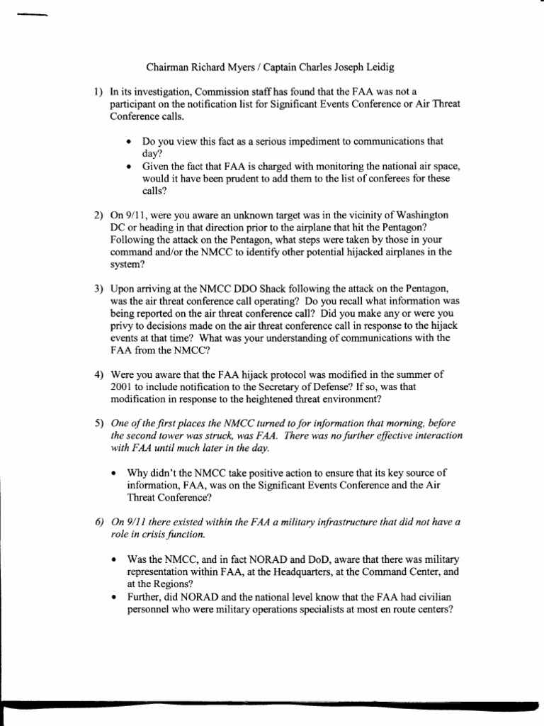 9/11 Commission Questions For General Richard Myers and Captian Charles ...