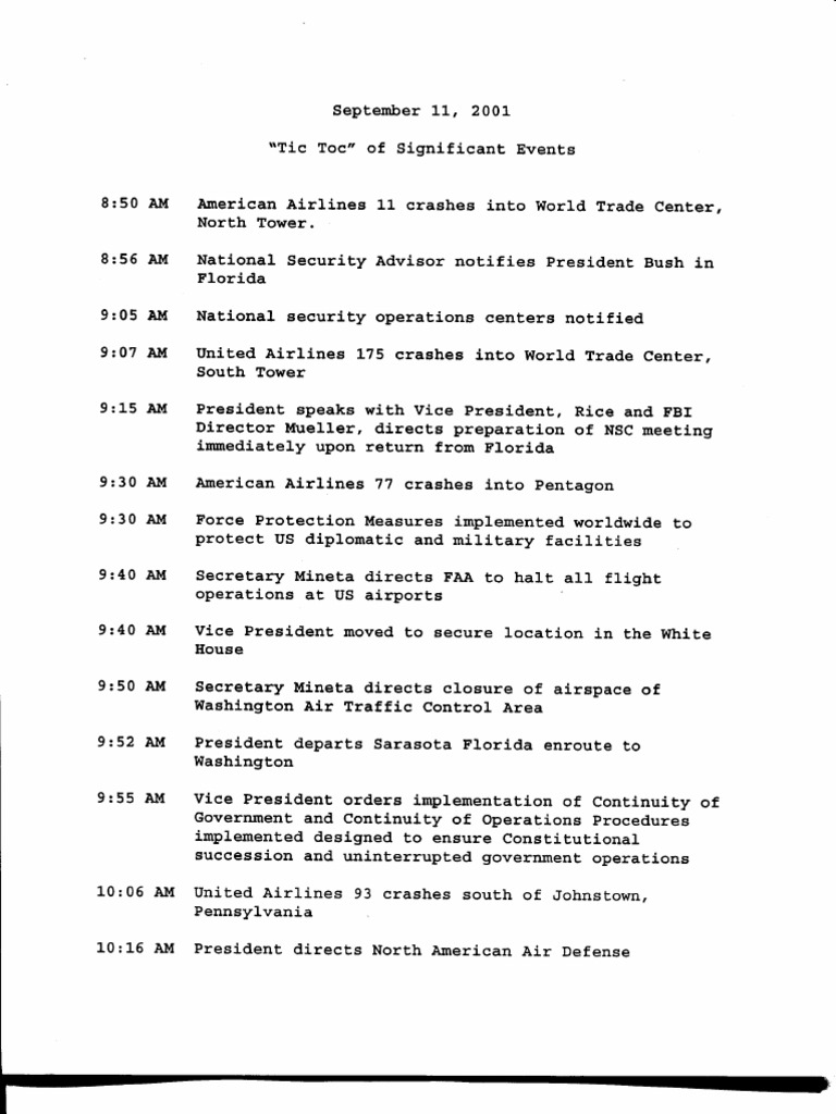 Brief Timeline of Day of 9/11 Events, Drafted by White House | PDF ...