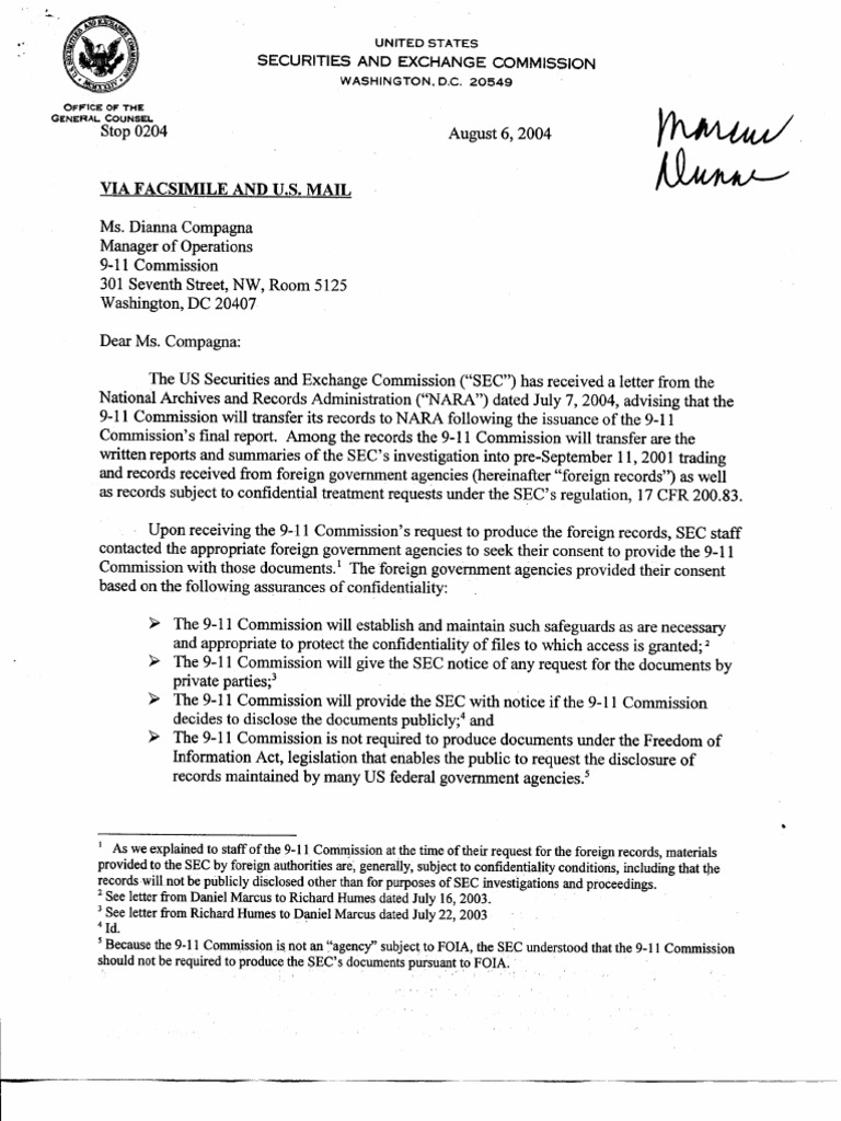SEC Letter About Confidentiality of Documents in 9/11 Insider Trading ...