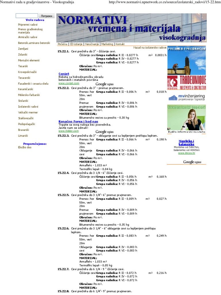 Izolacija Cjevovoda - Normativi Rada U Gradjevinarstvu - Visokogradnja | PDF
