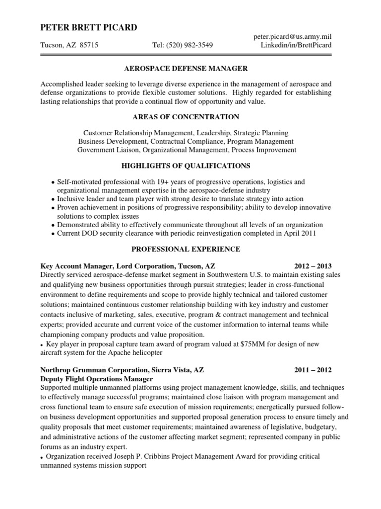 Aerospace Defense Program Manager in Tucson AZ Resume Peter Brett ...