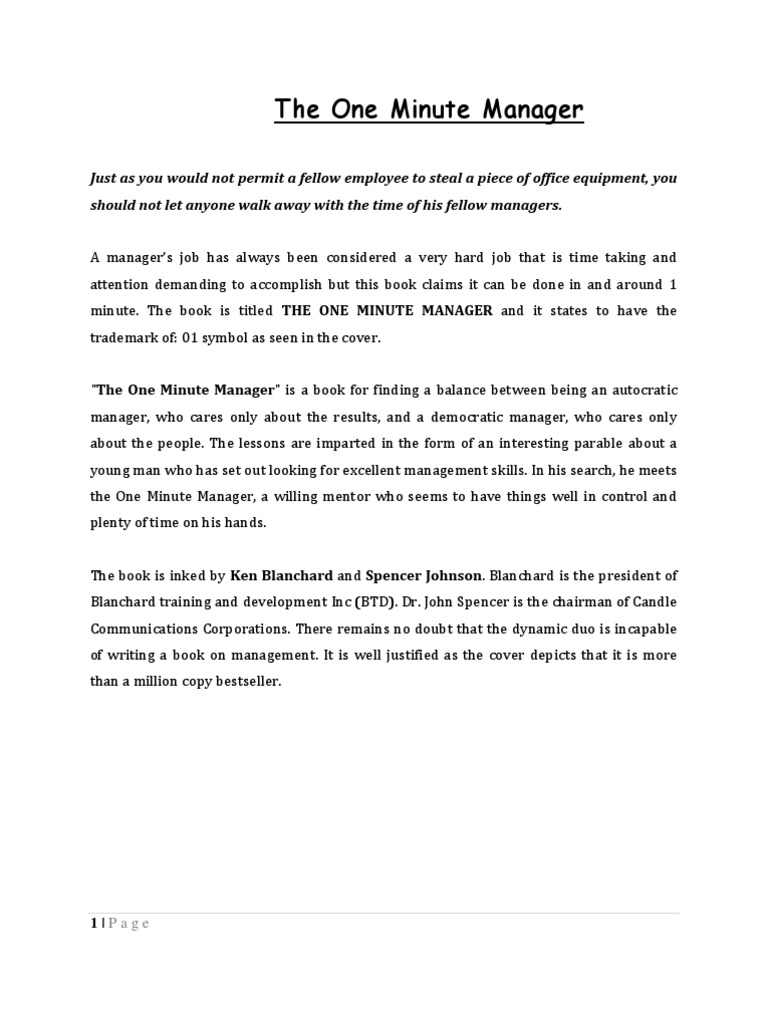 The One Minute Manager | PDF | Goal Setting | Motivation