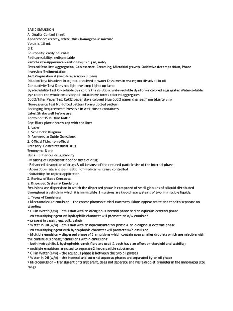 Basic Emulsion QC Sheet | PDF | Emulsion | Colloid