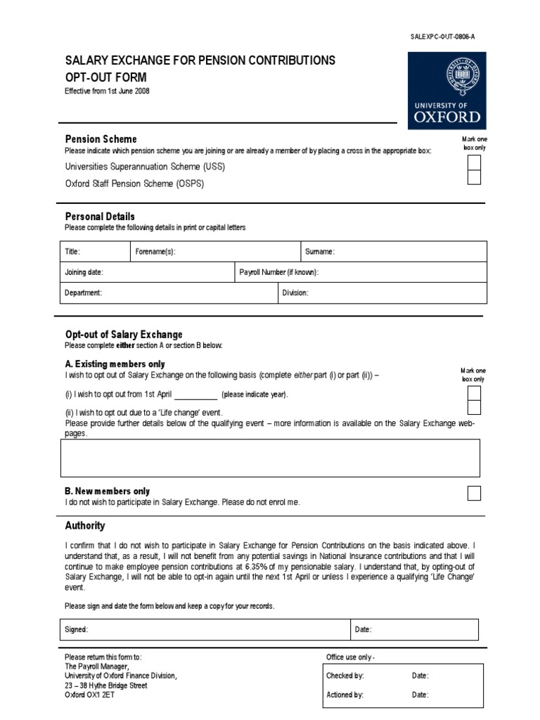 Salary Exchange For Pension Contributions Opt-Out Form | PDF | Finance ...