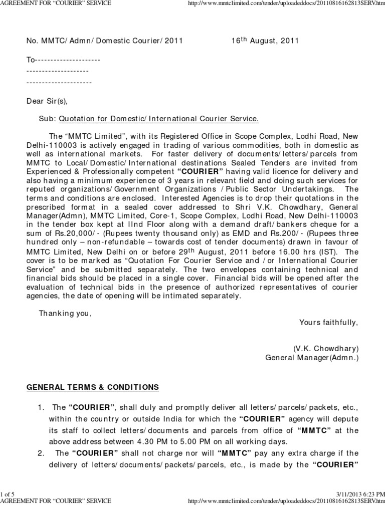 Agreement For "Courier" Service | Download Free PDF | Courier | Taxes