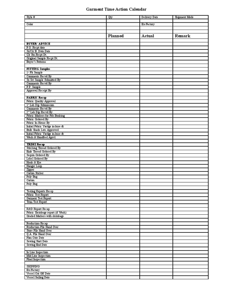 Garment Time Action Calendar: Buyer' Advice | PDF