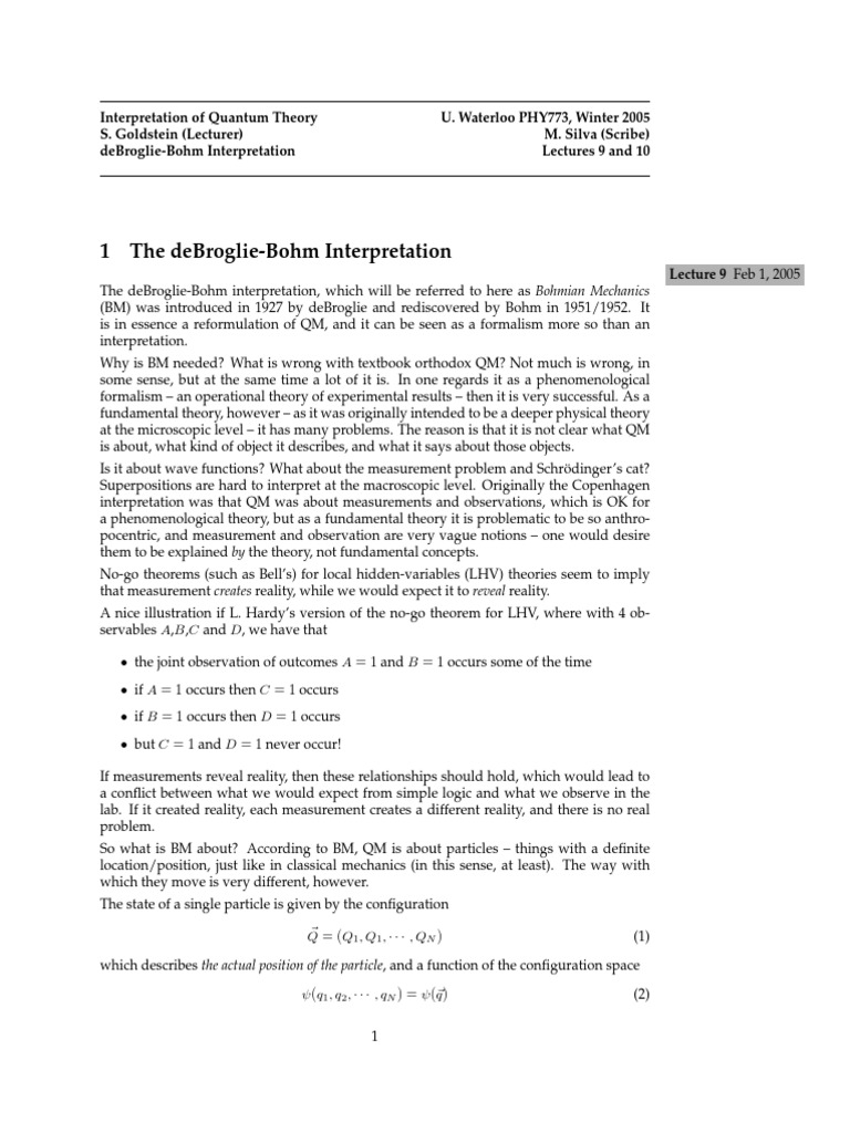 1 The Debroglie-Bohm Interpretation | PDF | Wave Function | Modern Physics