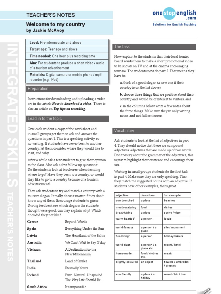 Welcome to My Country - Lesson Plan | Tourism | Communication