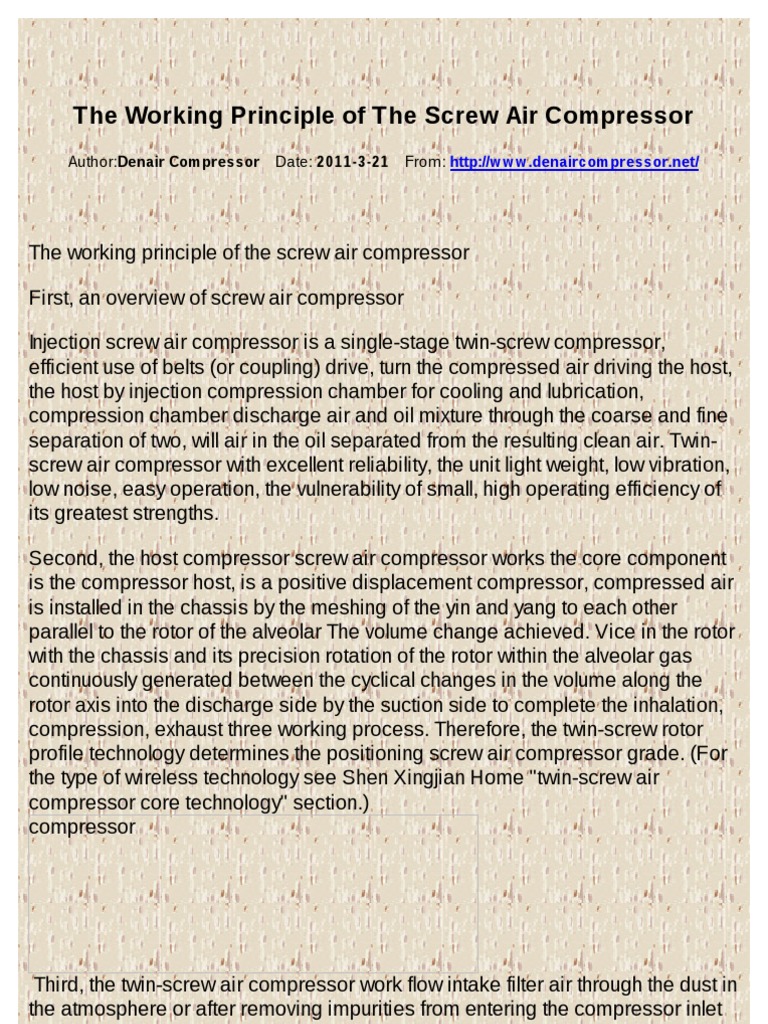 Screw Air Compressor Working Principle | PDF