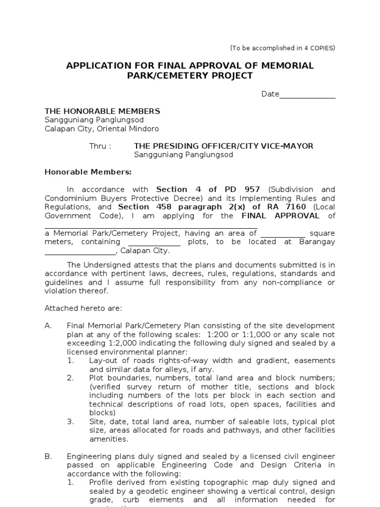 Application for Final Approval of a Memorial Park/Cemetery Project in ...
