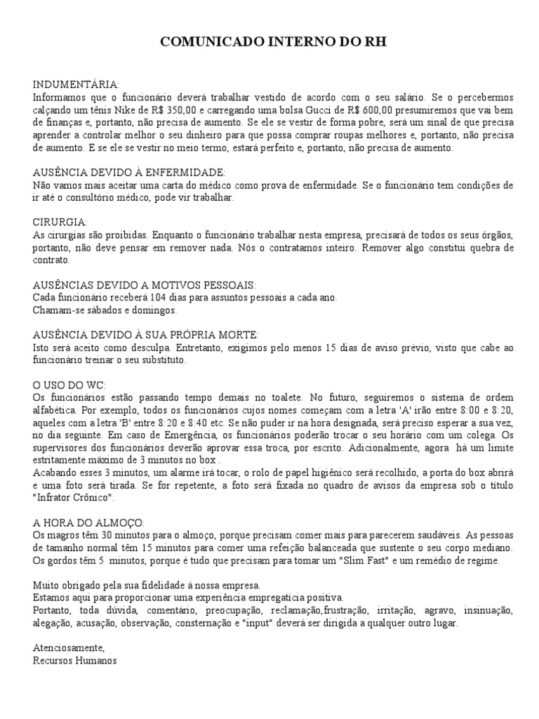 Comunicado Interno Do RH | PDF