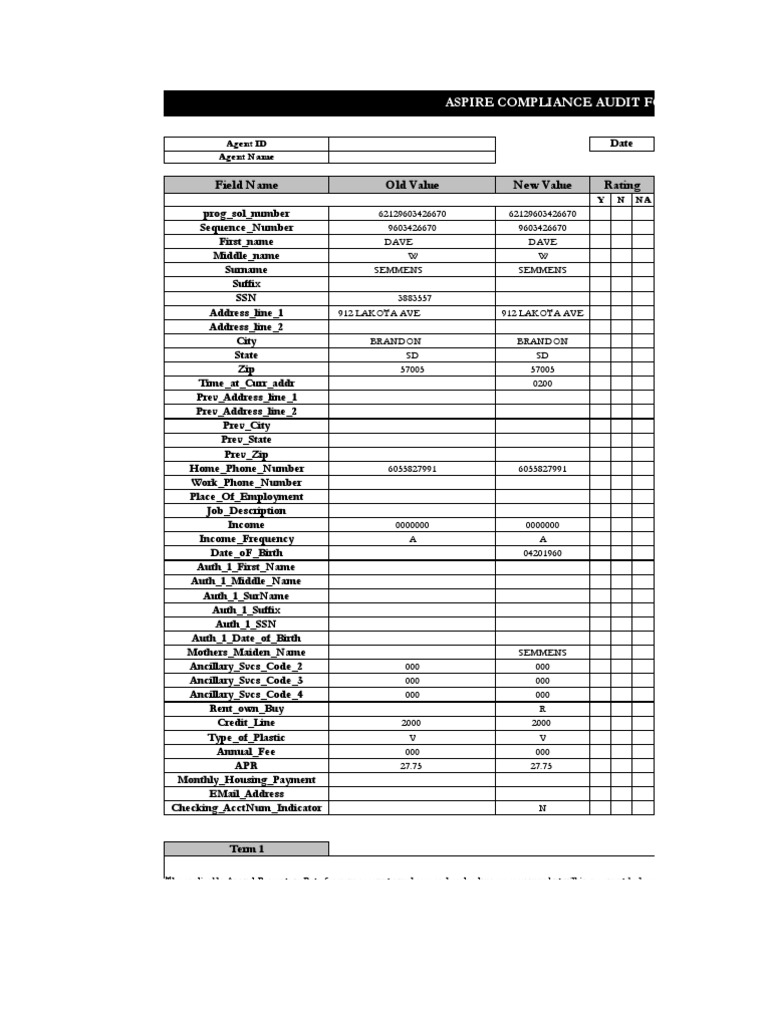 Field Name Old Value New Value Rating: Aspire Compliance Audit Form ...
