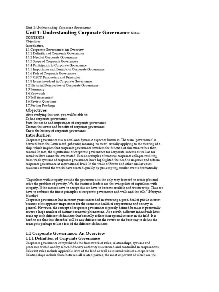 Corporate Governance Notes Unit I | PDF | Corporate Governance | Board ...