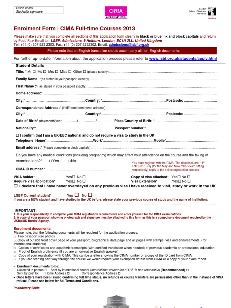 Enrolment Form - CIMA Full-Time Courses 2013: Student Details | PDF ...