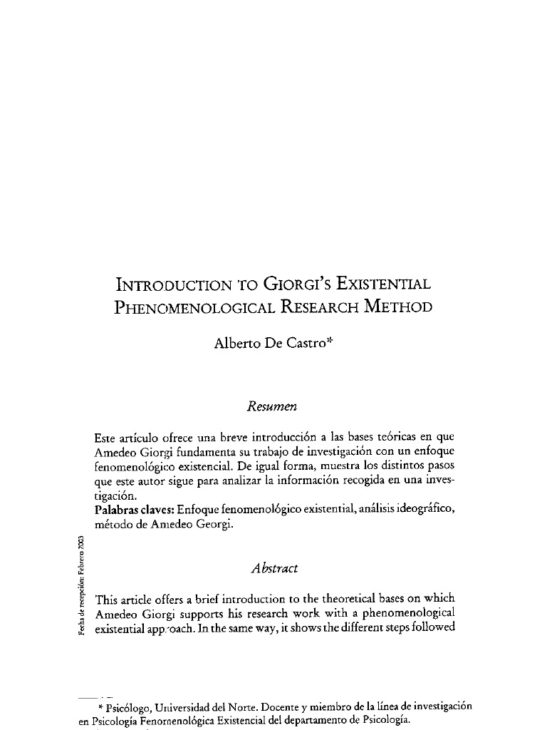 To Giorgi'S Existential Phenomenological Research Method Alberto de ...
