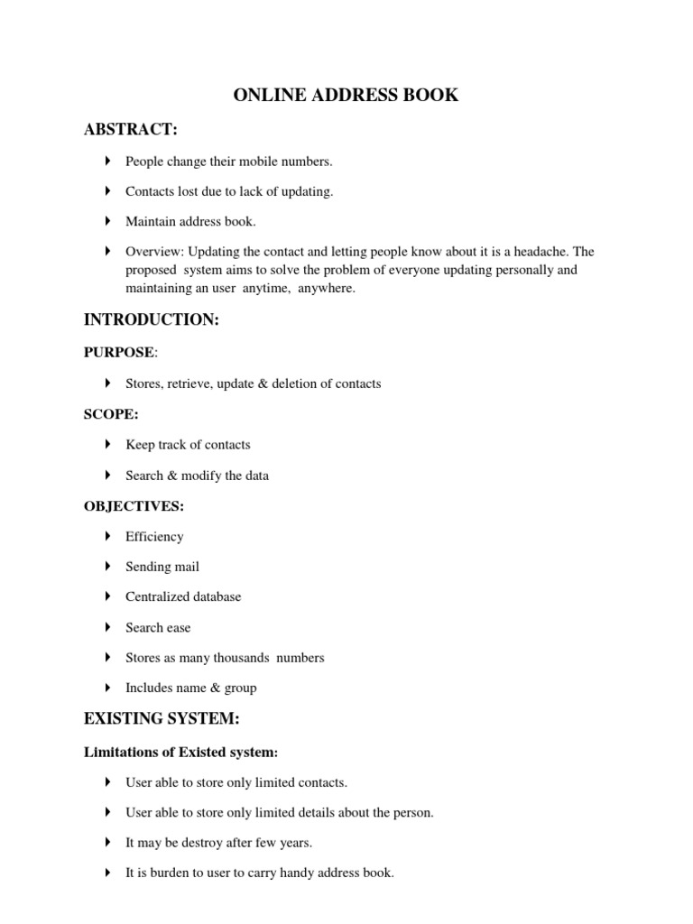 Online Address Book: Abstract | PDF | Class (Computer Programming) | Object (Computer Science)