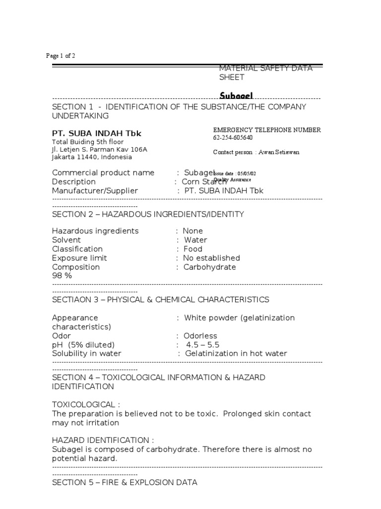 Corn Starch MSDS for Subagel | PDF