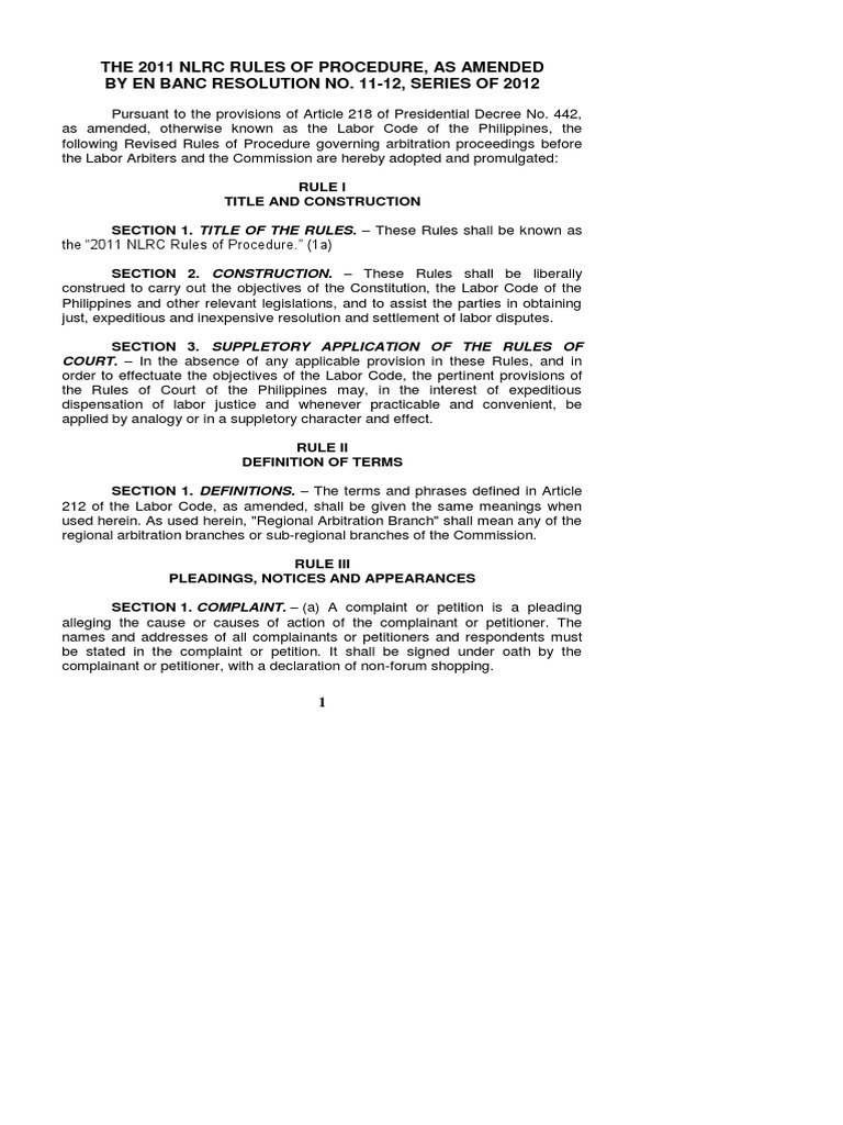 2011 NLRC Rules of Procedure Overview | PDF | Arbitration | Complaint