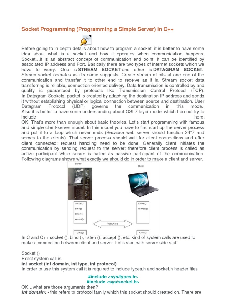 Socket Programming (Programming A Simple Server) in C++: Int Socket (Int Domain, Int Type, Int ...