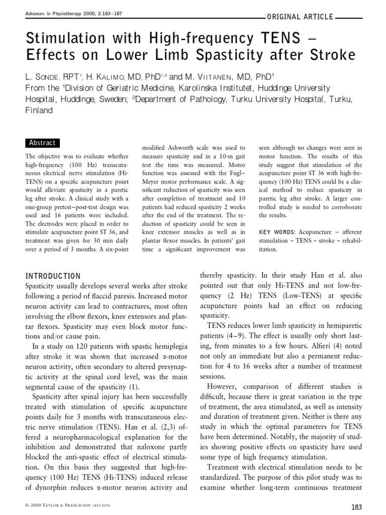 Stimulation With High-Frequency TENS - Effects On Lower Limb Spasticity ...