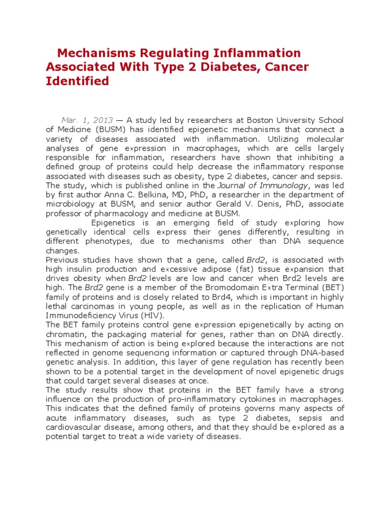 Mechanisms Regulating Inflammation Associated With Type 2 Diabetes ...