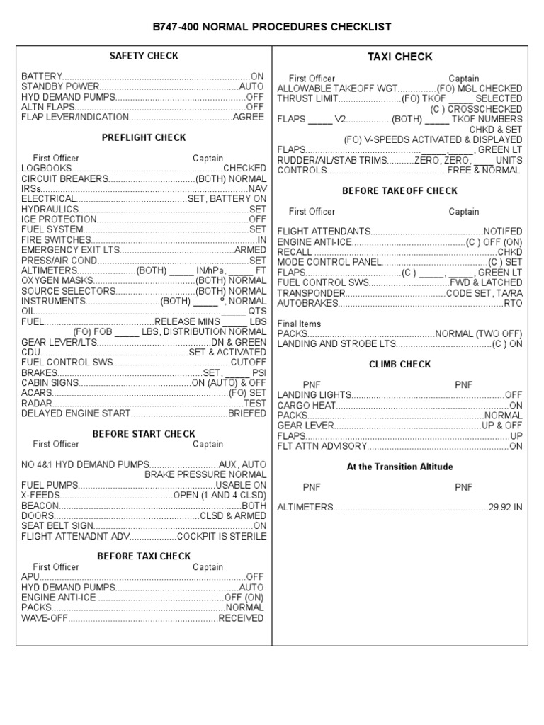 B747-400 Normal Procedures Checklist Taxi Check | PDF | Transponder ...
