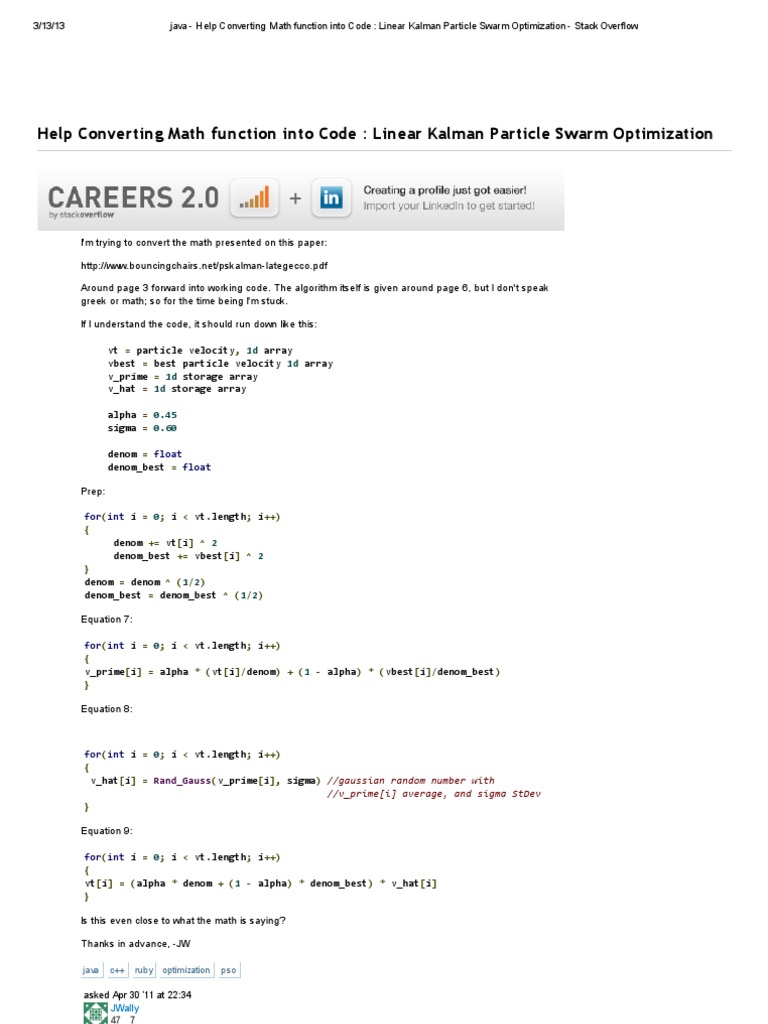 Java Help Converting Math Function Into Code Linear Kalman Particle Swarm Optimization