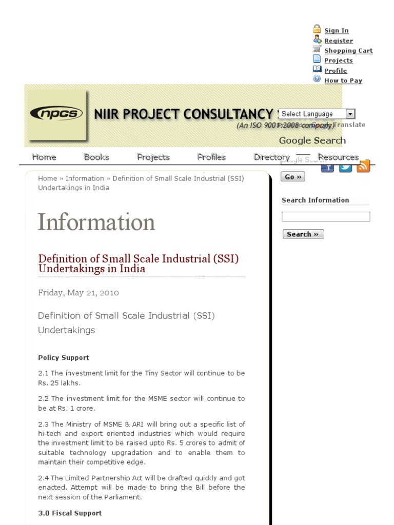 Definition of Small Scale Industrial (SSI) Undertakings in India ...