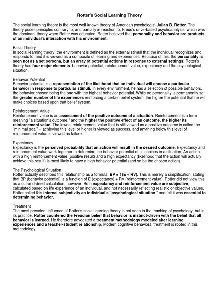 Rotter's Social Learning Theory Explained | PDF | Reinforcement | Behavior