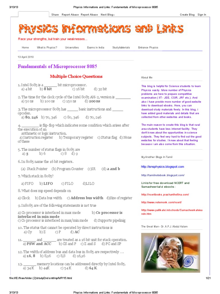 Fundamentals of Microprocessor 8085: Multiple Choice Questions | PDF | Central Processing Unit ...