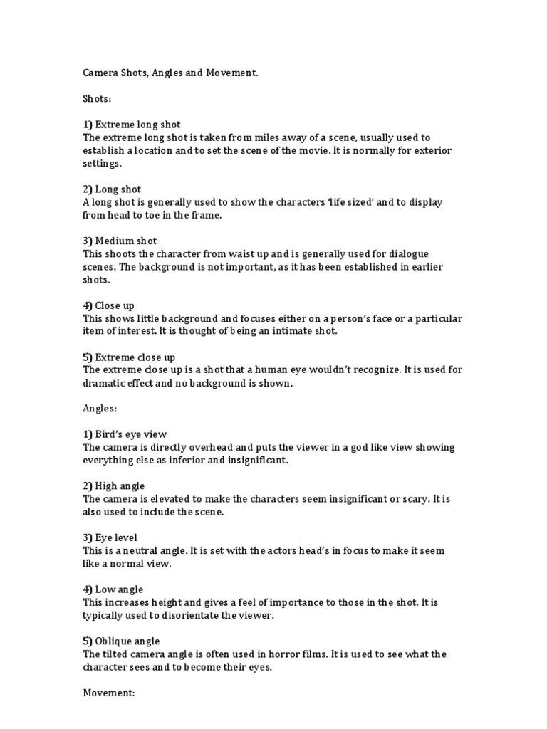 Camera Shots, Angles and Movements | PDF | Zoom Lens | Vision