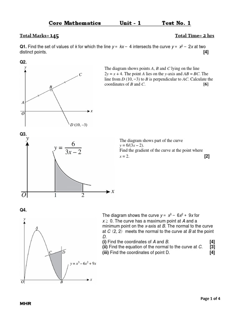 Core Mathematics Unit - 1 Test No. 1: Total Marks Total Time Hrs | PDF ...
