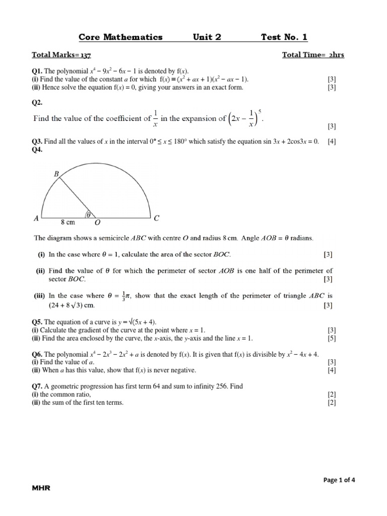 Core Mathematics Unit 2 Test No. 1: Total Marks 137 Total Time 2hrs ...