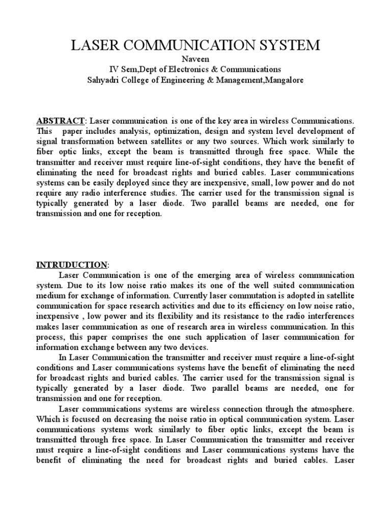 Laser Communication System: ABSTRACT: Laser Communication Is One of The ...