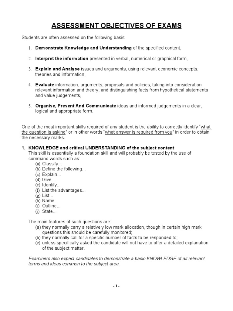 AS Sessment Objectives of Exams: 1. KNOWLEDGE and Critical ...