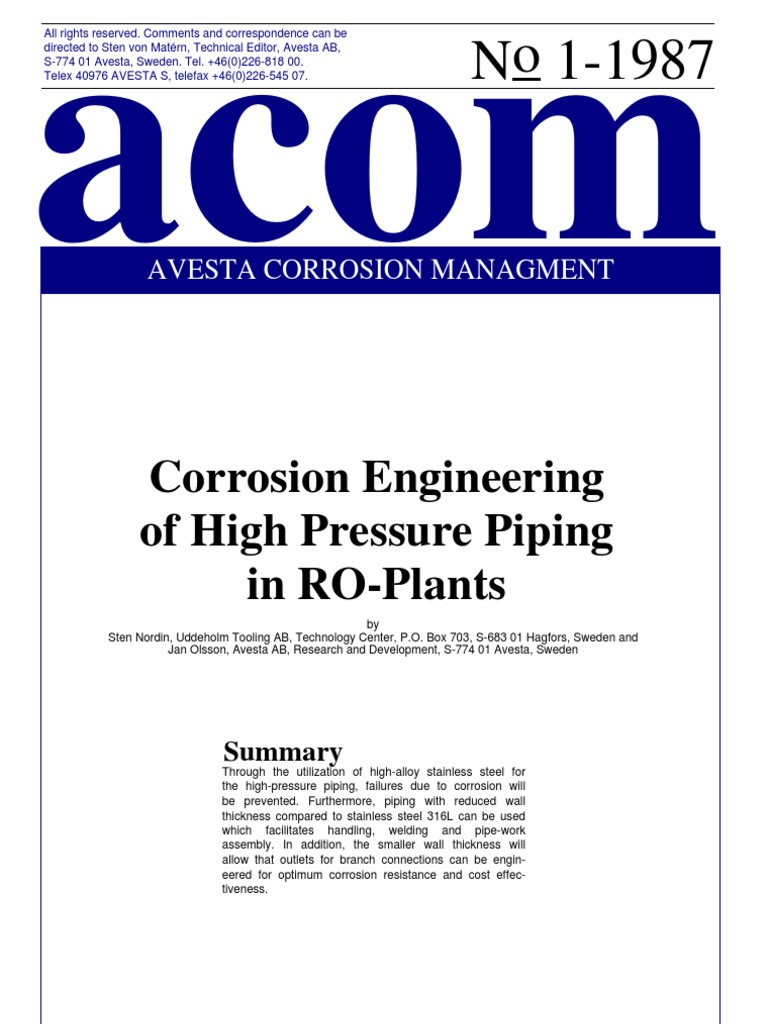 Acom87 - 1 Corrosion Engineering of High Pressure Piping in RO-Plants ...