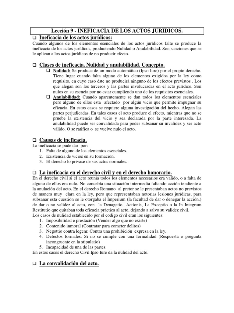 Lección 9 - INEFICACIA DE LOS ACTOS JURIDICOS PDF | Descargar gratis PDF | Nulo (ley) | Justicia