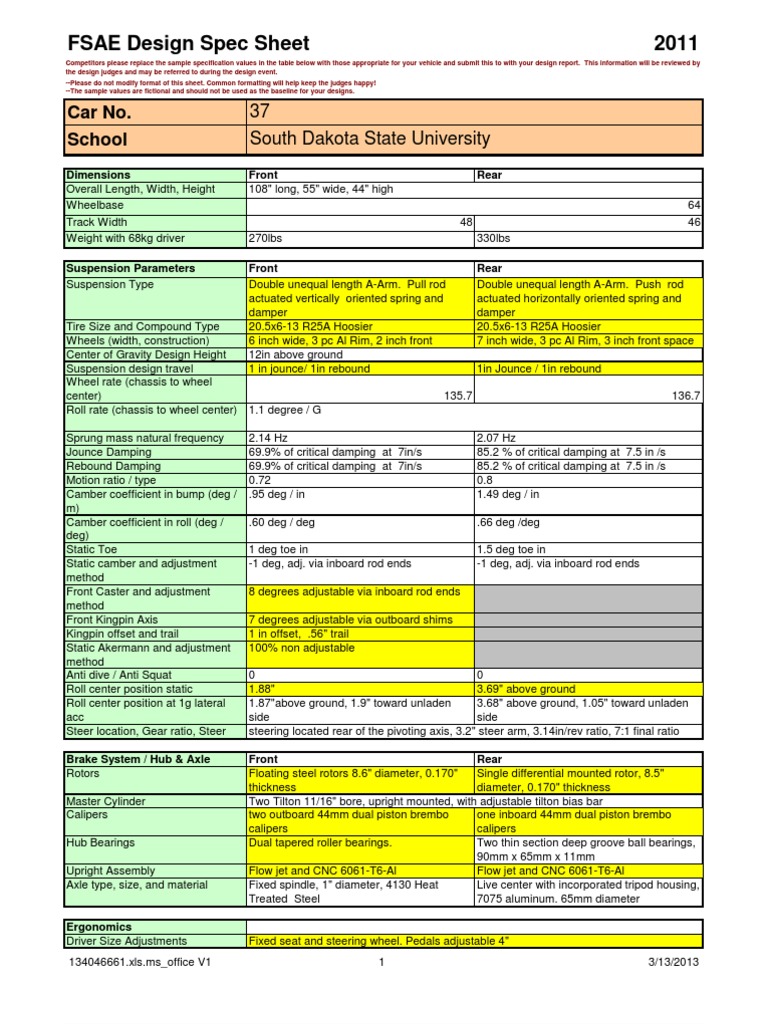 2011 FSAE Design Spec Sheet: Car No. School | PDF | Suspension (Vehicle ...
