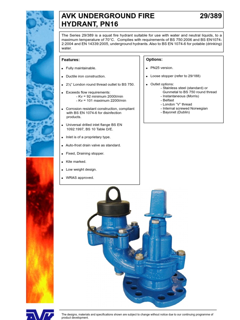 Avk Underground Fire Hydrant, Pn16 29/389: Features: Options | PDF ...