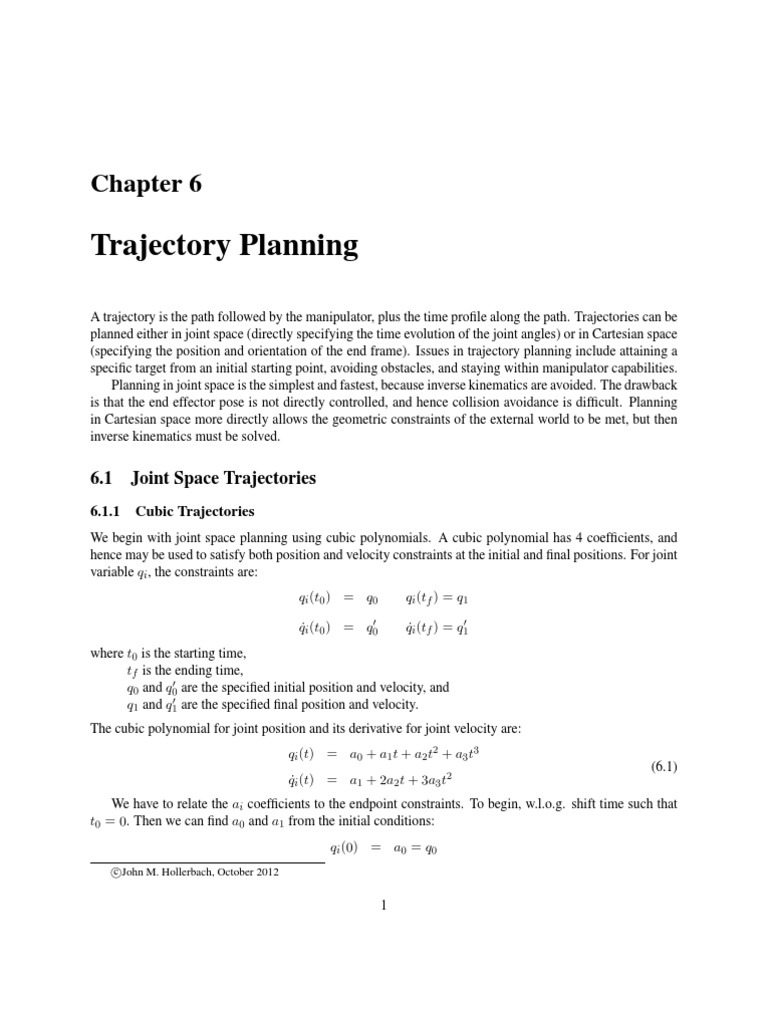 Trajectory Planning 6 1 Joint Space Trajectories Pdf Trajectory