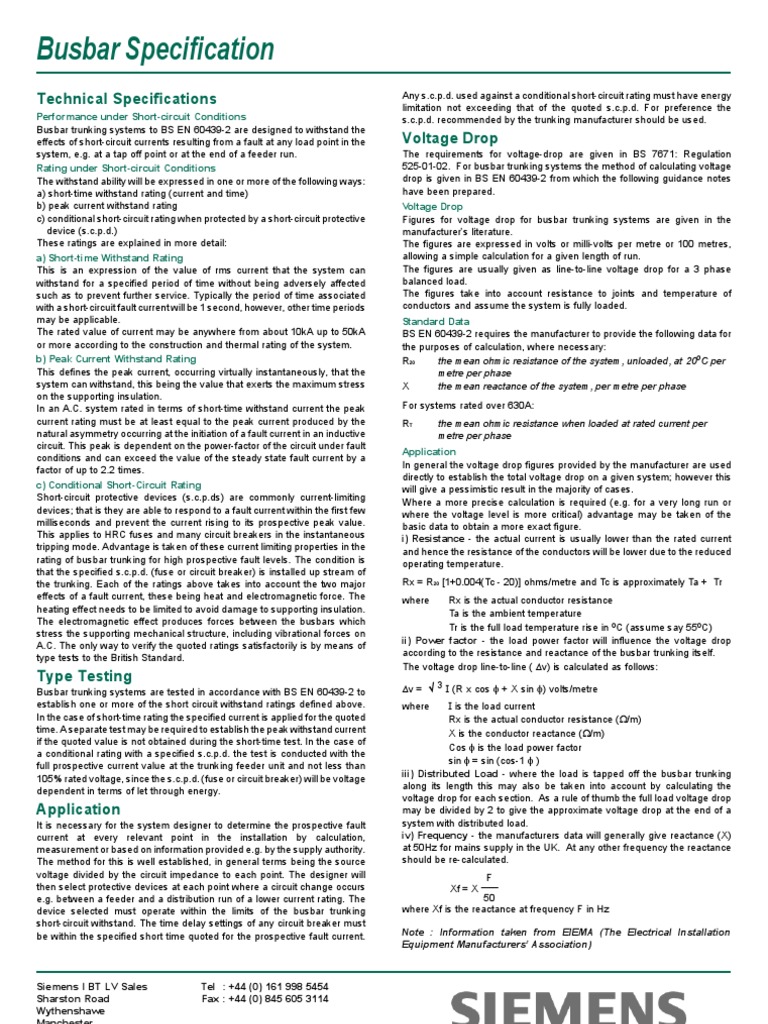 Busbar Specification: Technical Specifications Voltage Drop | PDF ...