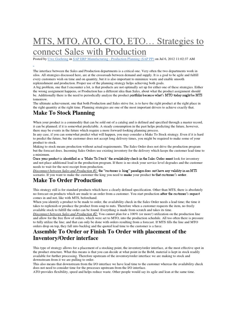 MTS, MTO, ATO, CTO, ETO Strategies To Connect Sales With Production ...