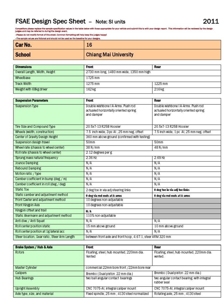 FSAE Design Spec Sheet 2011: Car No. 16 School Chiang Mai University ...