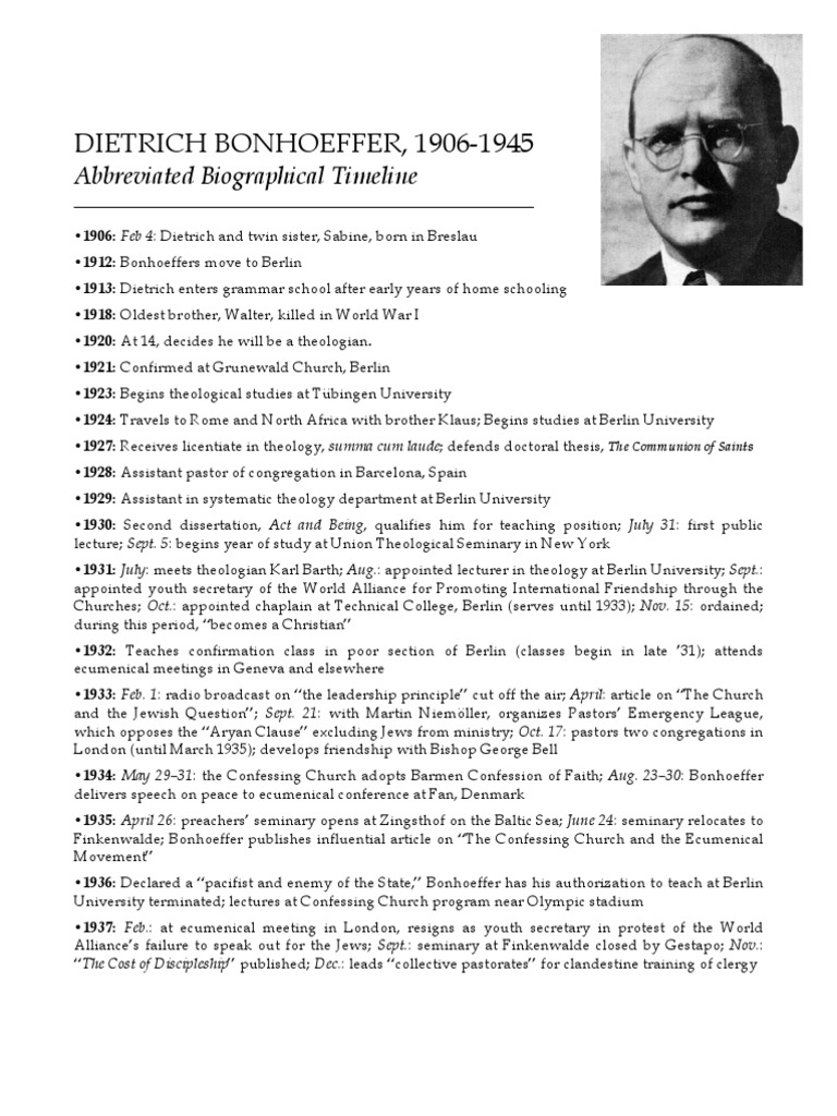 Bonhoeffer Timeline | PDF | Dietrich Bonhoeffer | World War II