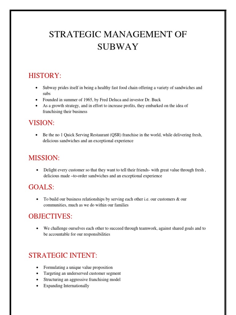 Strategic Management of Subway | PDF | Franchising | Fast Food Restaurants