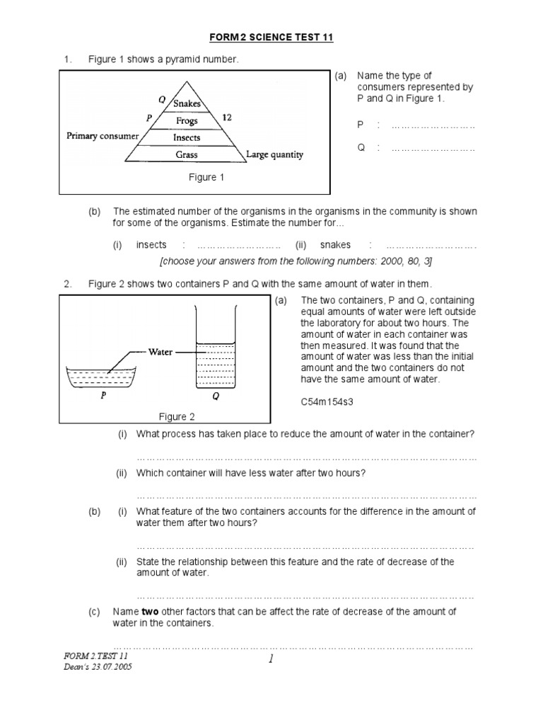 Form 2 Science Test on Water and Photosynthesis | PDF | Experiment ...